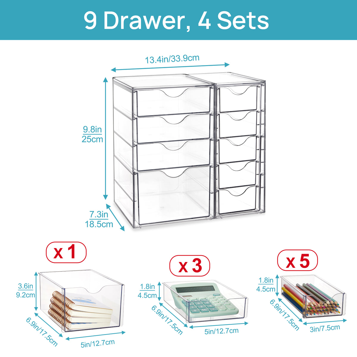 Vtopmart Acrylic Organizer with 9 Drawers, Clear Storage Drawers, Desk