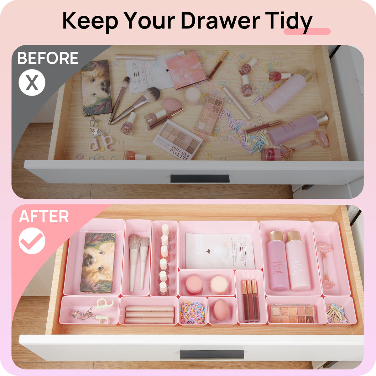 Vtopmart 26 PCS Clear Drawer Organizers，Pink Plastic Stackable Organiz