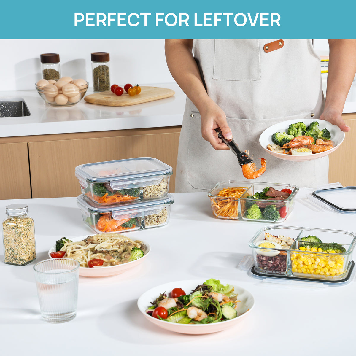 Vtopmart 4 Pack 33oz Glass Food Storage Containers with Lids, Meal Pre